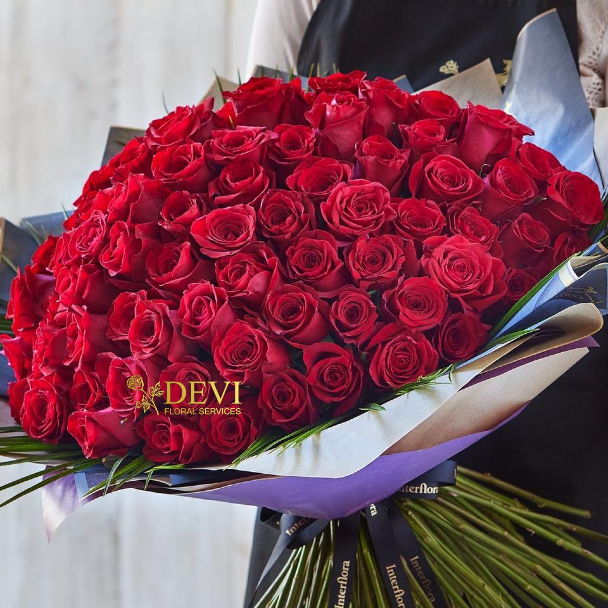 100 Red Roses (Open Stem) - Devi Flowers, Red roses bouquet, luxury red ...